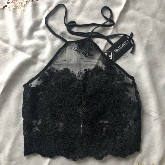 Tops | Lace And Sheer Halter Top With Back Zip | Poshmark